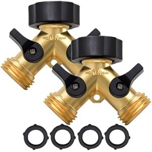 twinkle star 2 pack garden hose splitter 2 way, heavy duty brass connector tap splitter, y connector brass garden hose adapter with 2 valves