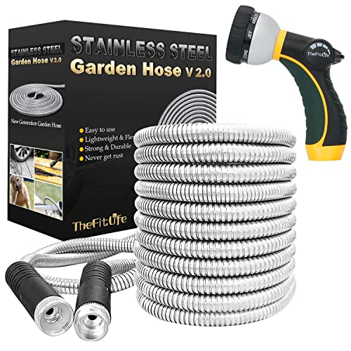 TheFitLife Flexible Metal Garden Hose - Upgrade Leak and Fray Resistant Design, Stainless Steel Water Hose with Solid Fittings and Sprayer Nozzle, Lightweight Kink Free Durable Easy Storage (100 FT)