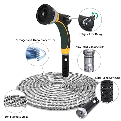 TheFitLife Flexible Metal Garden Hose - Upgrade Leak and Fray Resistant Design, Stainless Steel Water Hose with Solid Fittings and Sprayer Nozzle, Lightweight Kink Free Durable Easy Storage (100 FT)