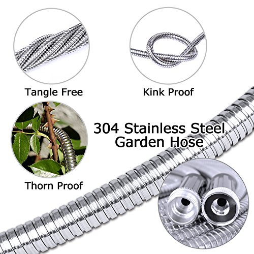 TheFitLife Flexible Metal Garden Hose - Upgrade Leak and Fray Resistant Design, Stainless Steel Water Hose with Solid Fittings and Sprayer Nozzle, Lightweight Kink Free Durable Easy Storage (100 FT)