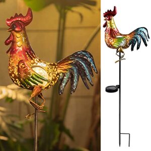 tryme solar lights outdoor decorative rooster garden decor chicken crackle glass globe stake lights waterproof warm white led yard decor for pathway lawn patio courtyard backyard