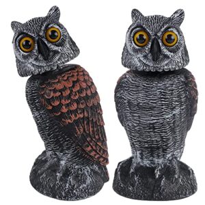 hausse 2 pack bird scarecrow fake owl decoy sculpture, rotating head plastic owl bird deterrents, 10.6 inch height nature enemy horned pest repellent for outdoor garden yard