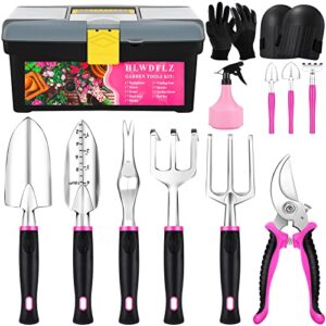 hlwdflz garden tool set – 13 pieces heavy duty aluminum gardening tools, gardening gifts for women, with storage box pruning shears gardening knee pads succulent tools, pink