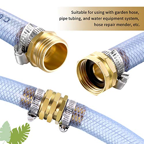 4 Set 3/4 Inch Solid Brass Garden Hose Connector Hose Mender, Water Hose Repair Kit Female and Male Hose Connector with Tape, Stainless Steel Clamp and Rubber Gasket