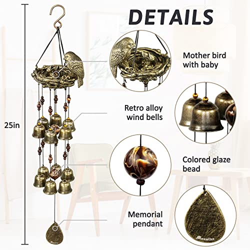 Monsiter QE Wind Chimes Bird Nest Wind Chime with 12 Bells 3 Hook Outdoor Clearance Windchimes for Mom Grandma Women’s Gift,Memorial Wind Chimes for Outside Deep Tone Patio Porch Garden Backyard Decor