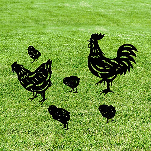 6Pcs Chicken Yard Art Garden Metal Statue Decor, Lifelike Rooster Hen Animals Stakes Outdoor Decorations, Black Hollow Out Chickens Family Silhouette Sets for Farmhouse Pathway Lawn (B)