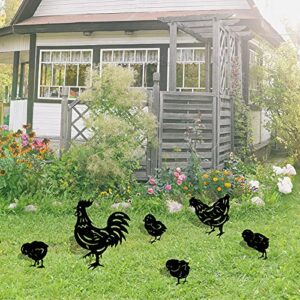 6Pcs Chicken Yard Art Garden Metal Statue Decor, Lifelike Rooster Hen Animals Stakes Outdoor Decorations, Black Hollow Out Chickens Family Silhouette Sets for Farmhouse Pathway Lawn (B)