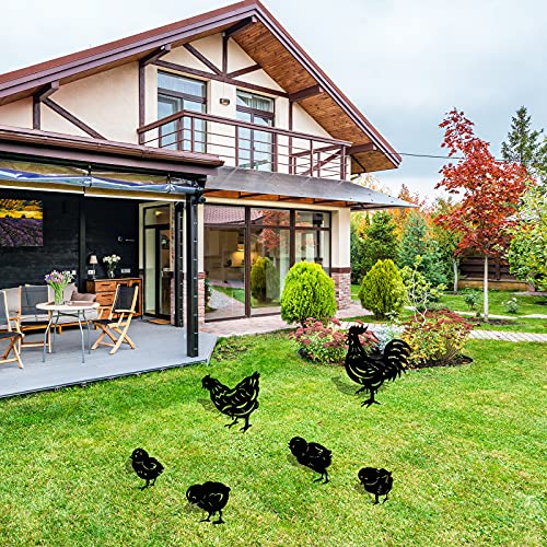 6Pcs Chicken Yard Art Garden Metal Statue Decor, Lifelike Rooster Hen Animals Stakes Outdoor Decorations, Black Hollow Out Chickens Family Silhouette Sets for Farmhouse Pathway Lawn (B)