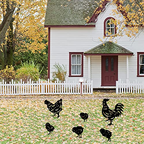 6Pcs Chicken Yard Art Garden Metal Statue Decor, Lifelike Rooster Hen Animals Stakes Outdoor Decorations, Black Hollow Out Chickens Family Silhouette Sets for Farmhouse Pathway Lawn (B)