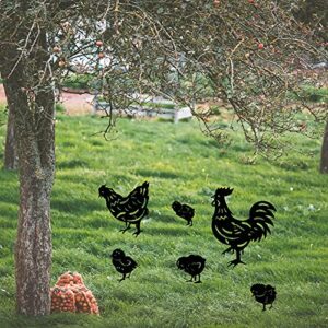 6Pcs Chicken Yard Art Garden Metal Statue Decor, Lifelike Rooster Hen Animals Stakes Outdoor Decorations, Black Hollow Out Chickens Family Silhouette Sets for Farmhouse Pathway Lawn (B)