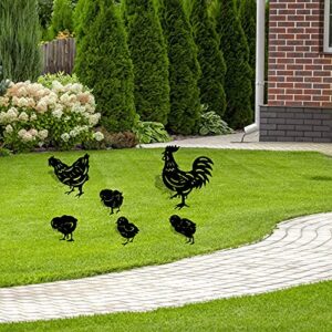 6Pcs Chicken Yard Art Garden Metal Statue Decor, Lifelike Rooster Hen Animals Stakes Outdoor Decorations, Black Hollow Out Chickens Family Silhouette Sets for Farmhouse Pathway Lawn (B)