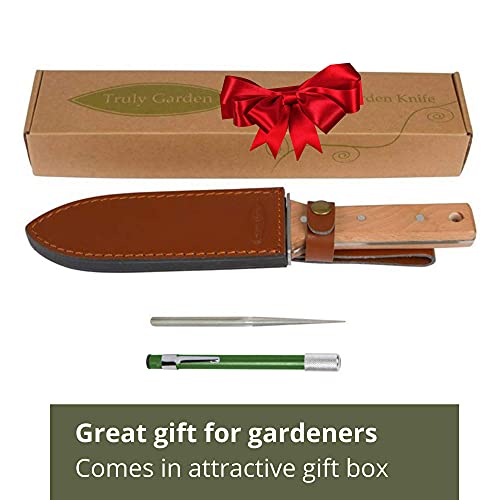 Hori Hori Garden Knife with Diamond Sharpening Rod, Thickest Leather Sheath and Extra Sharp Blade - in Gift Box. This Hori Hori Knife Makes a Great Gardening Gift.