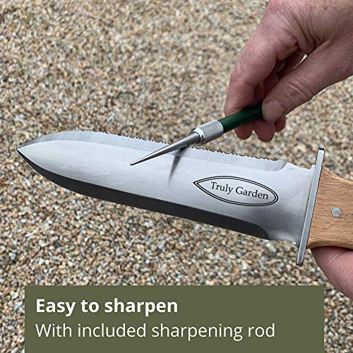 Hori Hori Garden Knife with Diamond Sharpening Rod, Thickest Leather Sheath and Extra Sharp Blade - in Gift Box. This Hori Hori Knife Makes a Great Gardening Gift.