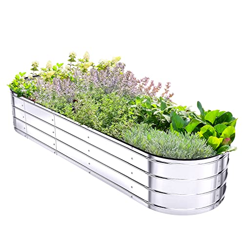 Ohuhu Raised Garden Bed w/Safety Edging, 5.7x1.7x1 FT Galvanized Metal Planter Box, Outdoor Plant Beds Planting Boxes for Vegetable Flower Herbs, Above Ground Elevated Large Oval Gardening Planters