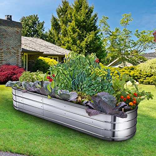 Ohuhu Raised Garden Bed w/Safety Edging, 5.7x1.7x1 FT Galvanized Metal Planter Box, Outdoor Plant Beds Planting Boxes for Vegetable Flower Herbs, Above Ground Elevated Large Oval Gardening Planters