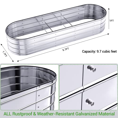 Ohuhu Raised Garden Bed w/Safety Edging, 5.7x1.7x1 FT Galvanized Metal Planter Box, Outdoor Plant Beds Planting Boxes for Vegetable Flower Herbs, Above Ground Elevated Large Oval Gardening Planters