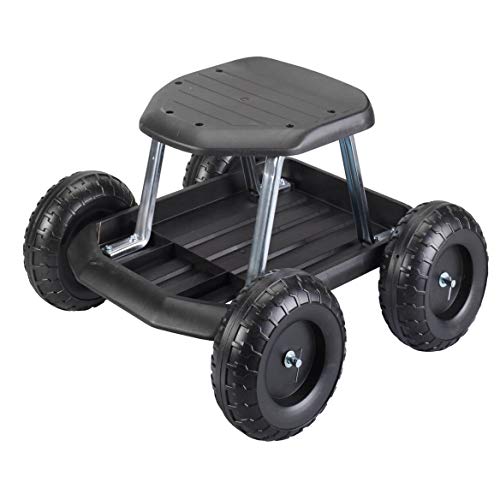 Rolling Garden Cart Scooter with Seat and Utility Tool Storage Tray, Black