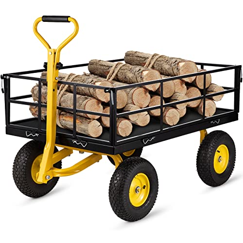 VEVOR Steel Garden Cart, Heavy Duty 1200 lbs Capacity, with Removable Mesh Sides to Convert into Flatbed, Utility Metal Wagon with 2-in-1 Handle and 13 in Tires, Perfect for Garden, Farm, Yard