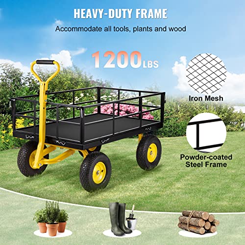 VEVOR Steel Garden Cart, Heavy Duty 1200 lbs Capacity, with Removable Mesh Sides to Convert into Flatbed, Utility Metal Wagon with 2-in-1 Handle and 13 in Tires, Perfect for Garden, Farm, Yard