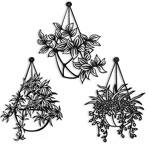 wxysdudio Metal Wall Decor Hanging Plant Metal Black Flower Wall Art for Patio Balcony Garden,Kitchen Living Room Bathroom Bedroom,Set of 3 Metal Wall Sculpture.