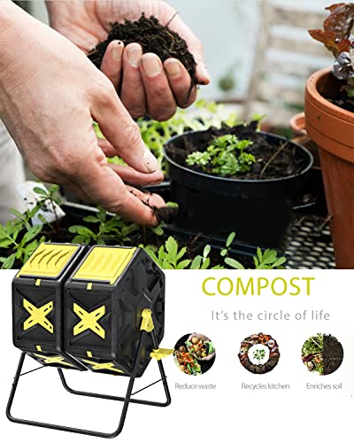 2 X 18.5 Gal Dual Chamber Compost Tumbling Bin from BPA Free Material - Outdoor Rotating Chamber Composters，with Easy-Turn, Fast-Working System for Garden/Patio