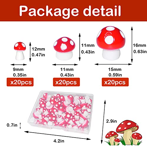 HADDIY Mini Mushrooms Decorations,60 Pcs Tiny Resin Miniature Mushroom Figurines for Crafts,Bonsai and Fairy Garden Accessories(Red)