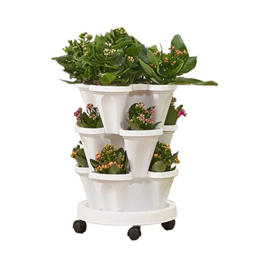 Tectsia Strawberry Vertical Planter Tower Garden, 3 Tiered Planter Stackable Herb Garden Planter with Movable Casters and Bottom Saucer Indoor and Outdoor - White