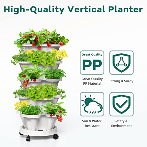 Tectsia Strawberry Vertical Planter Tower Garden, 3 Tiered Planter Stackable Herb Garden Planter with Movable Casters and Bottom Saucer Indoor and Outdoor - White