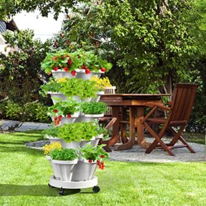 Tectsia Strawberry Vertical Planter Tower Garden, 3 Tiered Planter Stackable Herb Garden Planter with Movable Casters and Bottom Saucer Indoor and Outdoor - White