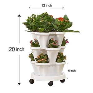 Tectsia Strawberry Vertical Planter Tower Garden, 3 Tiered Planter Stackable Herb Garden Planter with Movable Casters and Bottom Saucer Indoor and Outdoor - White