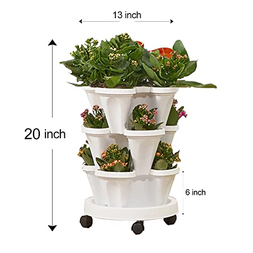 Tectsia Strawberry Vertical Planter Tower Garden, 3 Tiered Planter Stackable Herb Garden Planter with Movable Casters and Bottom Saucer Indoor and Outdoor - White