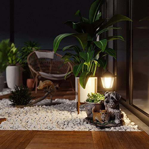 POTEY Garden Statues, Solar Garden Sculptures & Statues Outdoor with Solar Lights and Flowerpot Funny Garden Decor Housewarming Gifts Lights for Patio Yard, Balcony Decorations (Dog and Cat)