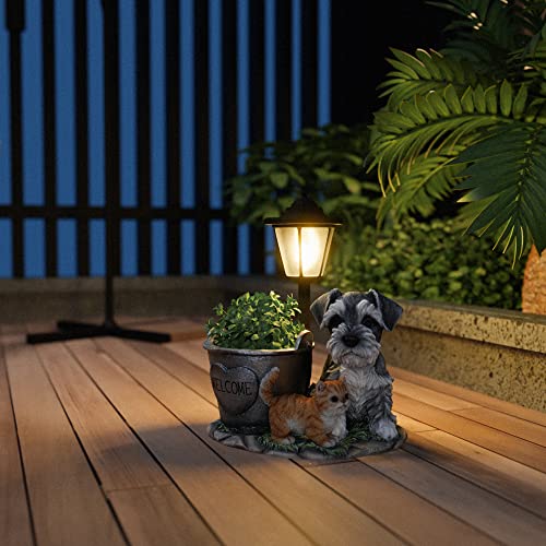 POTEY Garden Statues, Solar Garden Sculptures & Statues Outdoor with Solar Lights and Flowerpot Funny Garden Decor Housewarming Gifts Lights for Patio Yard, Balcony Decorations (Dog and Cat)