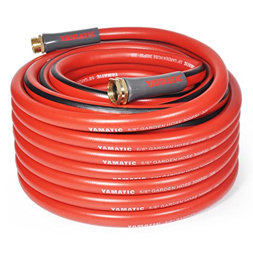 YAMATIC Garden Hose 50 ft,Ultra Durable Water Hose, 5/8 inch Premium Hose with Solid Brass Connector for All-Weather Outdoor, Car wash, Lawn, Red