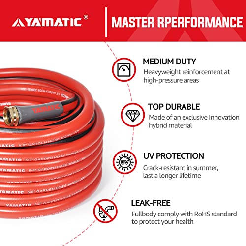 YAMATIC Garden Hose 50 ft,Ultra Durable Water Hose, 5/8 inch Premium Hose with Solid Brass Connector for All-Weather Outdoor, Car wash, Lawn, Red