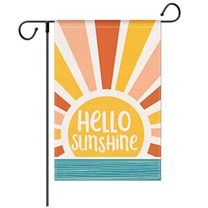 jartinle hello sunshine garden flag, rainbow sun summer yard flag double sided vertical burlap outdoor decor 12.5 x18 inch