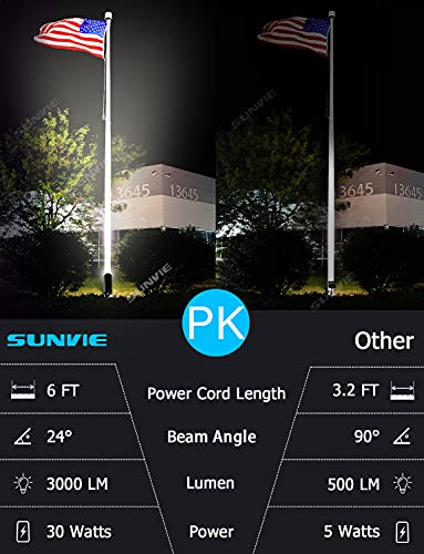 SUNVIE 30W Spot Lights Outdoor LED Spotlight 120V 3000LM Ultra Bright Flag Pole Light with Metal Stake, Warm White Flood Light Landscape Lighting for Yard Flag Tree Garden, 6 FT Cord with Plug, 2 Pack