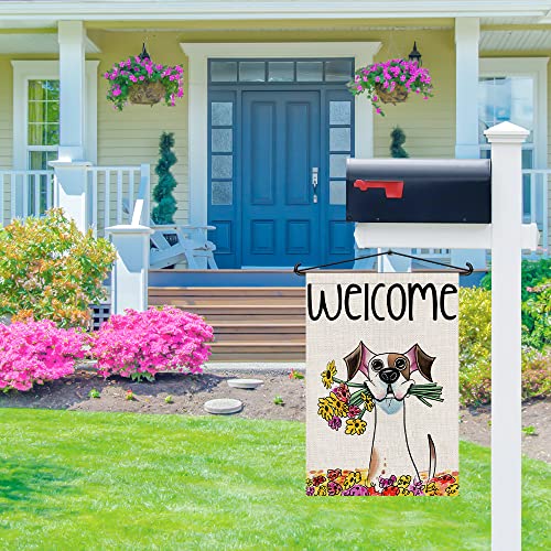 Welcome Spring Flower Garden Flag 12x18 Inch Double Sided Burlap Outside, Seasonal Floral Dog Sign Yard Farmhouse Outdoor Decor DF239