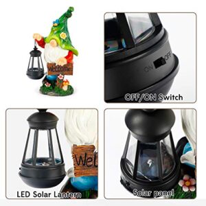 WOGOON Garden Gnome Statue, Resin Figurine with Bright Solar Lantern Lights and Welcome Sign, Outdoor Solar-Powered Illumination Yard Art Decorations for Indoor Outdoor Patio Lawn Garden Room