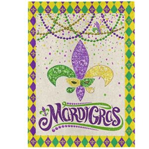 mardi gras burlap garden flag 12×18, outdoor masquerade party decorations fleur de lis garden house flags,gold green purple buffalo check plaid yard flag double sided,new orleans holiday outdoor flags