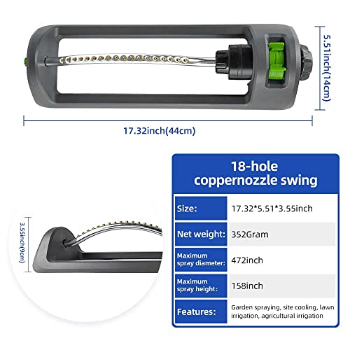 Lawn Sprinkler, HH Together Oscillating Sprinkler with 18 Hole Brass Nozzles, Water Sprinkler for Lawn & Garden Covers up to 3,600 sq.ft, Easy Adjust Range Control