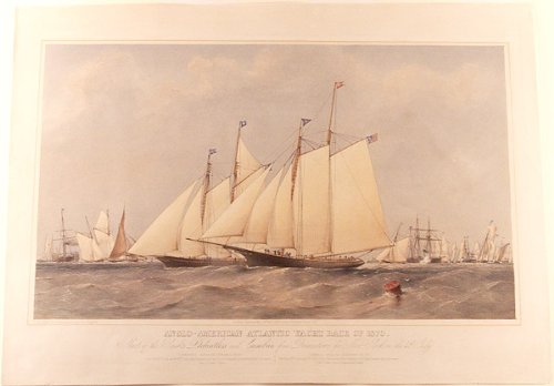 Anglo-American Atlantic yacht race of 1870. Start of the Yachts Dauntless and Cambria from Queenstown for New York on the 4th. July