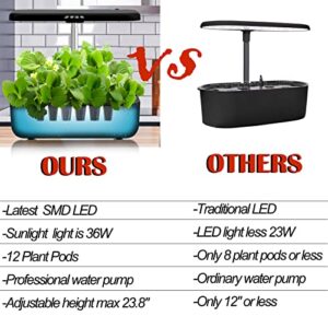 QYO Hydroponics Growing System, 12 Pods Indoor Herb Garden with 36W Full-Spectrum Grow Light, Pump System, Automatic Timer, 23.8'' Height Adjustable, Plants Germination Kit for Home Kitchen Gardening