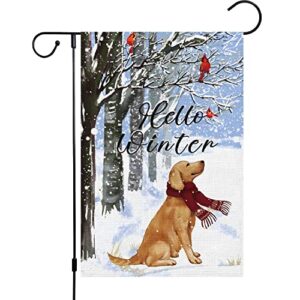 hello winter dog garden flag 12×18 double sided, burlap farmhouse small golden cardinal retriever garden yard flags for winter seasonal outside outdoor house holiday decor (only flag)