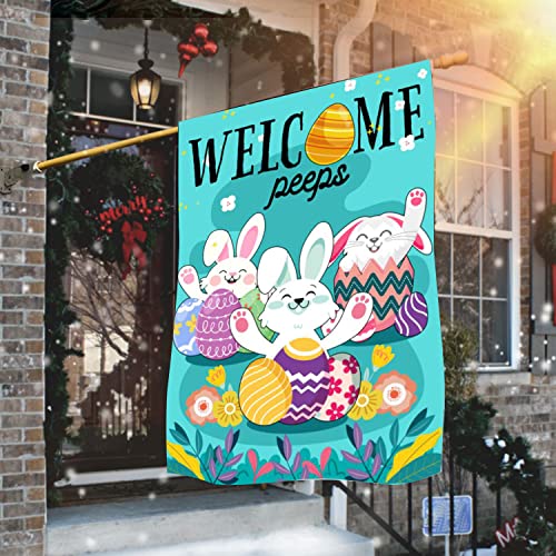 Q-Leo Easter Flag, Set 2 House Flag 28 X 40 And Garden Flag 12 x 18 Double Side, Small Garden Flags Decorations For Outside, Yard Outdoor Decor With 3 Bunny and Welcome Signs