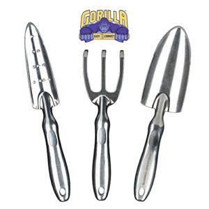 gorilla easy connect heavy duty garden tools with digging trowel, transplant trowel and cultivator hand rake.