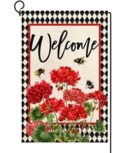 baccessor spring summer geranium welcome garden flag double sided summer bee red floral buffalo plaid small burlap yard flag house seasonal farmhouse outside outdoor decoration 12.5 x 18 inch