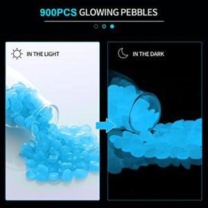 900pcs Glow in The Dark Rocks Outdoor Decorations Stones Small Luminous Pebbles Indoor/Outdoor Decor for Garden Fish Tank Aquarium Planter Walkway - Lake Blue