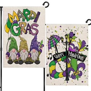 happy mardi gras garden flag, 12×18 inch set of 2 double sided masquerade beads yard flag, mardi gras gnomes yard flag for farmhouse holiday carnival celebration outside decor