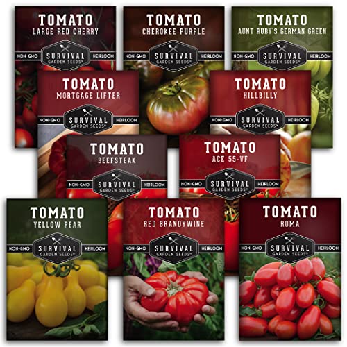 Survival Garden Seeds 10 Tomato Collection - Cherokee Purple, Roma, Red Cherry, Aunt Ruby's Green, Hillbilly, Yellow Pear, Mortgage Lifter, Red Brandywine, Ace 55-10 Packs Non-GMO Heirloom Tomatoes